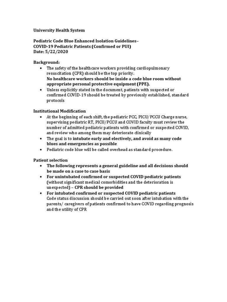 Pediatric COVID Code Blue Guide | PDF | Cardiopulmonary Resuscitation ...