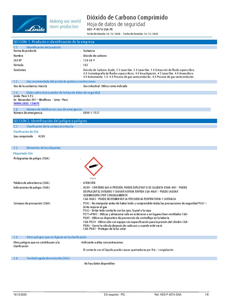 MSDS Co2 Linde | PDF | Gases | Dióxido de carbono