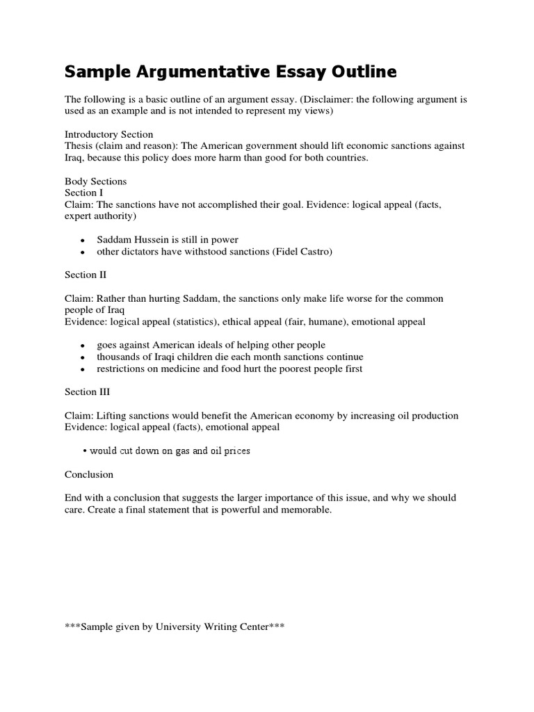 Sample Argumentative Essay Outline | PDF