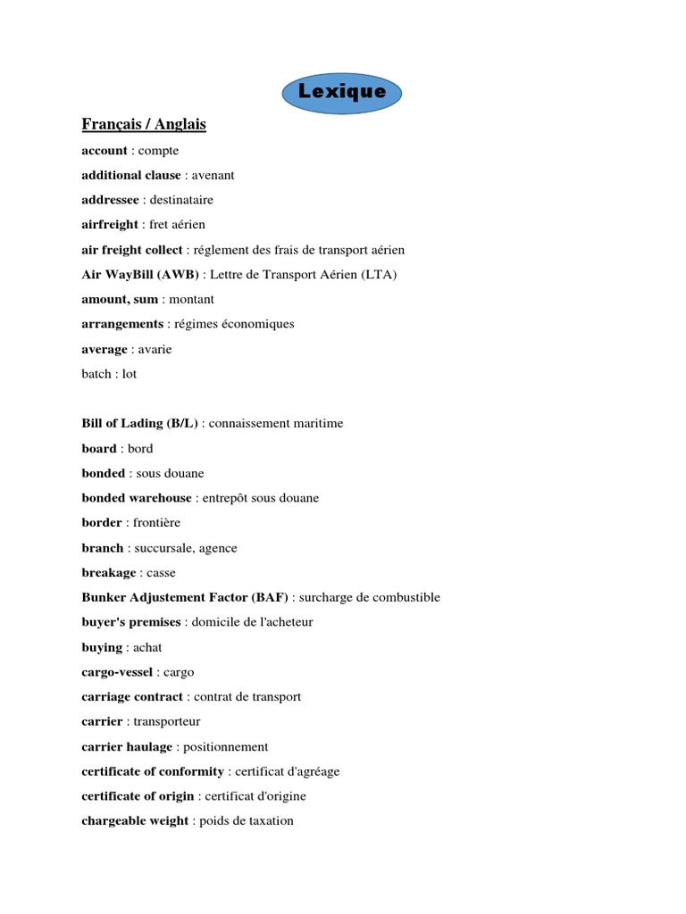 Lexique Français-Anglais Logistique | PDF | Connaissement | Transport ...