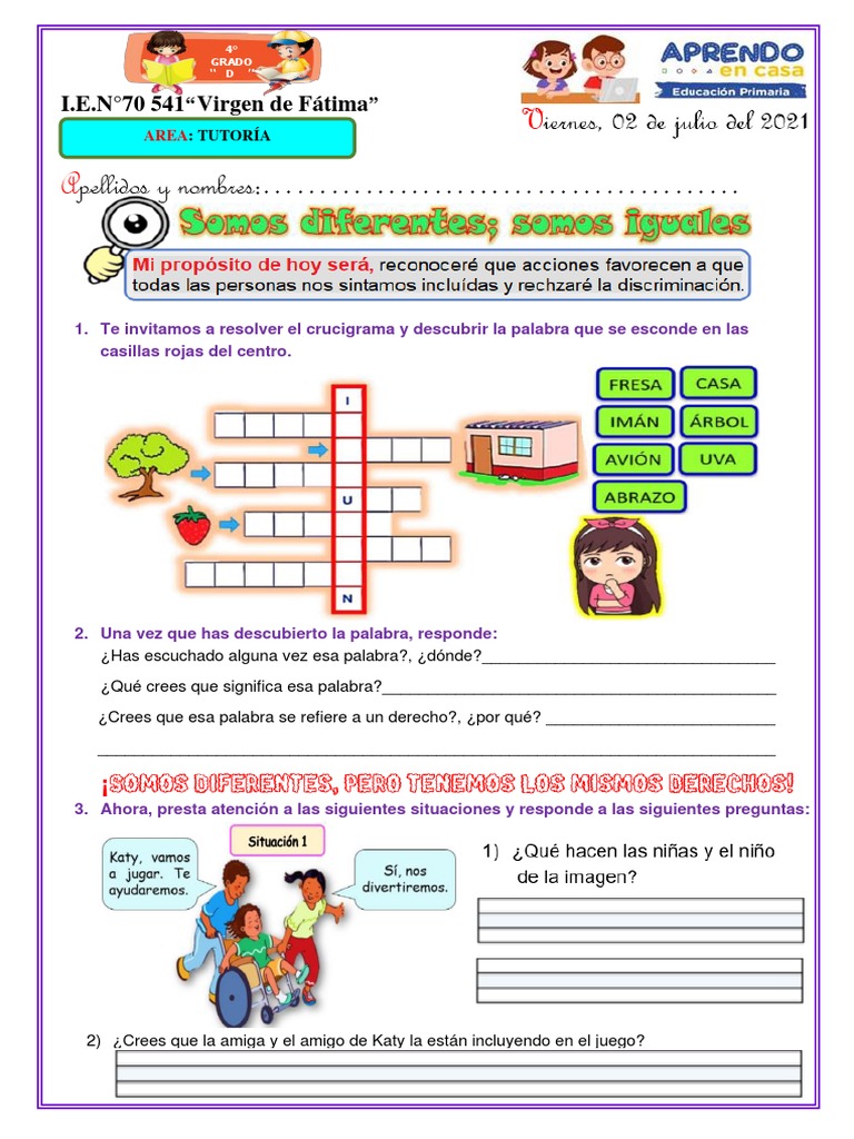 FICHA-TUTORIA-02 julio-SOMOS DIFERENTES, SOMOS IGUALES | PDF