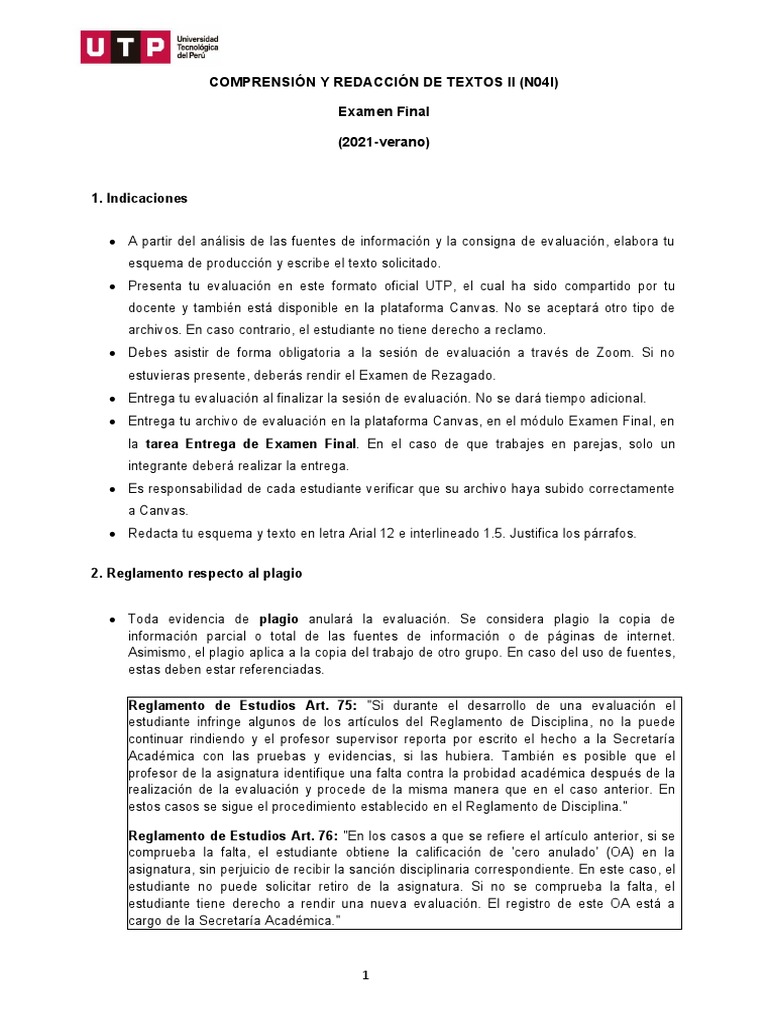 100000N04I COMPRENSIÓN Y REDACCIÓN DE TEXTOS 2 - EXAMEN FINAL - FORMATO UTP - Verano 2021 | PDF ...