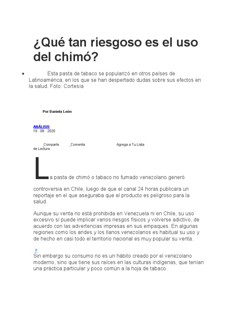 Qué Tan Riesgoso Es El Uso Del Chimó | PDF | Tabaco | Odontología