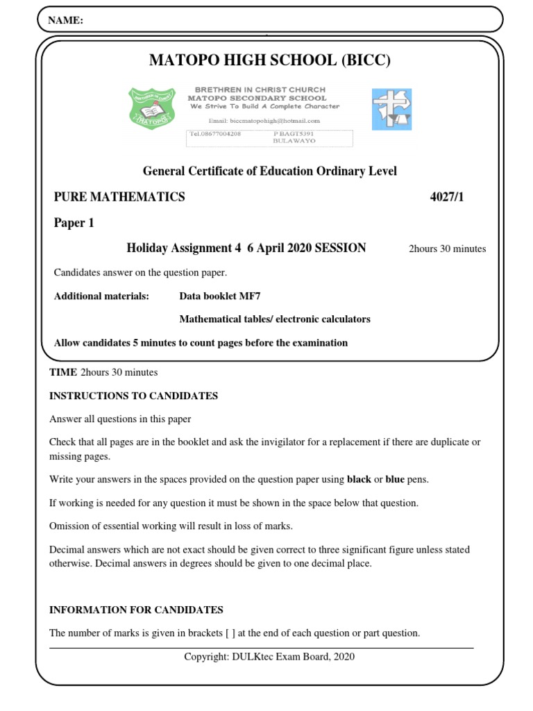 Ass 4 O Level Pure Maths Paper 1 | PDF | Geometry | Teaching Mathematics