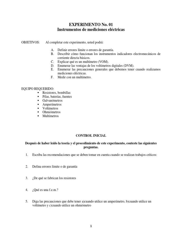 EXPERIMENTO No 1 Instrumentos de Mediciones Eléctricas | PDF | Electrónica | Física