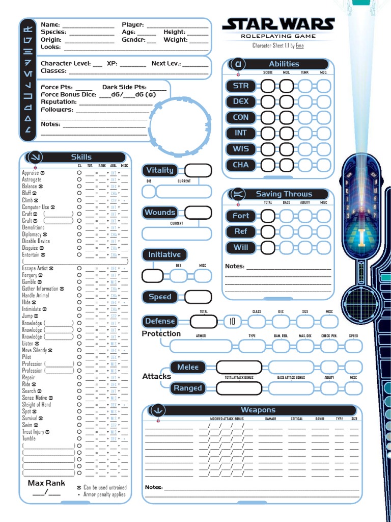 Star Wars RPG (D6) - Character Sheet v1.1 | PDF | Role Playing ...