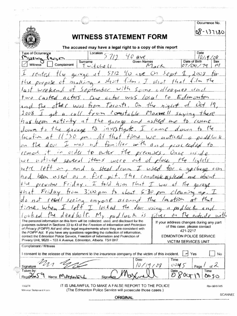 Mark Twitchell's First Statement To Police. | PDF