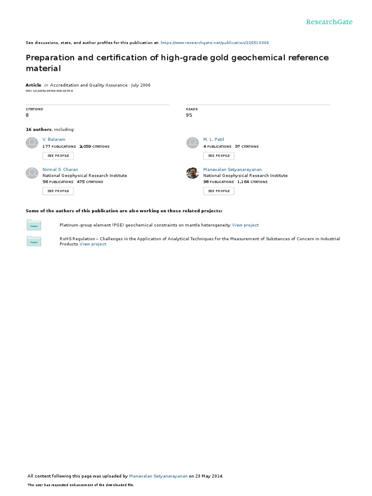 Preparation and Certification of High-Grade Gold Geochemical Reference ...