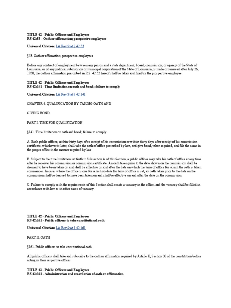 Oath And Bond Requirements For Public Officers And Employees In