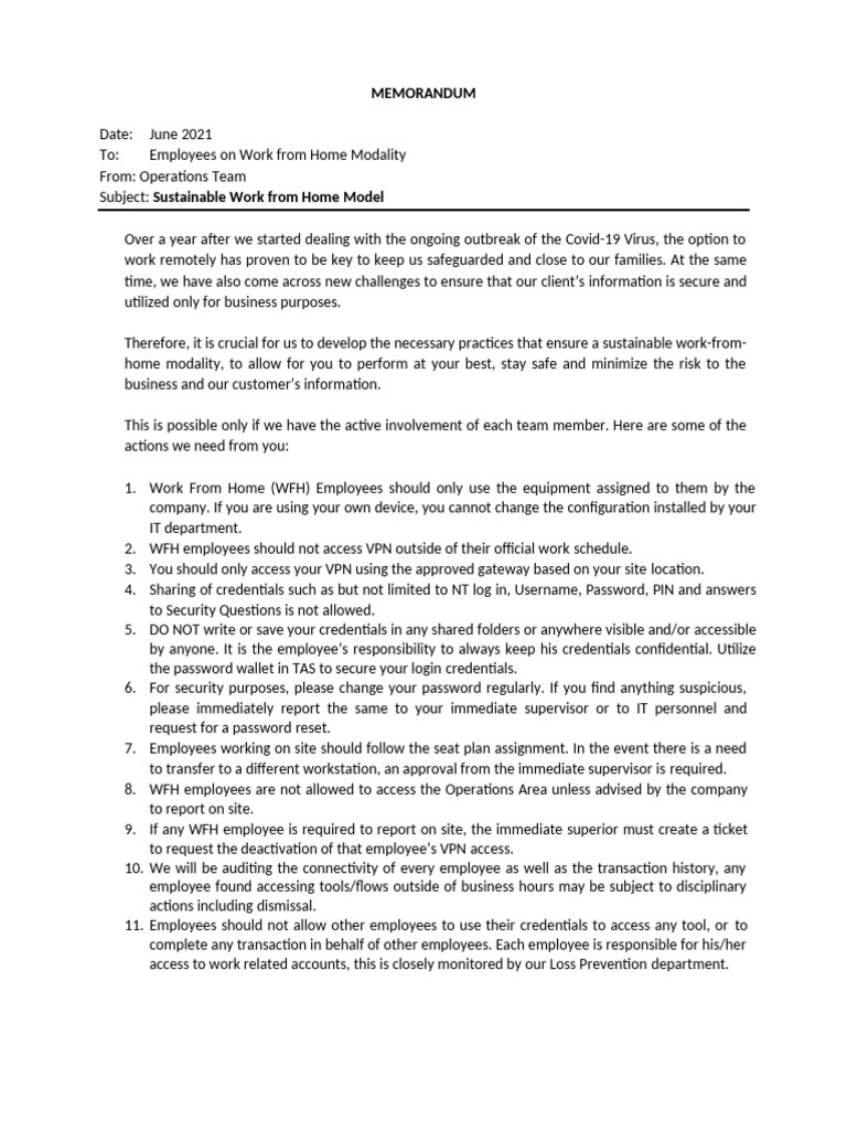 Work From Home Memo | PDF | Telecommuting | Credential