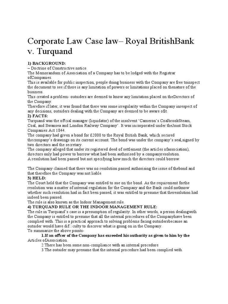 Turquand Rule: Royal British Bank Case | PDF | Private Law | Legal Concepts