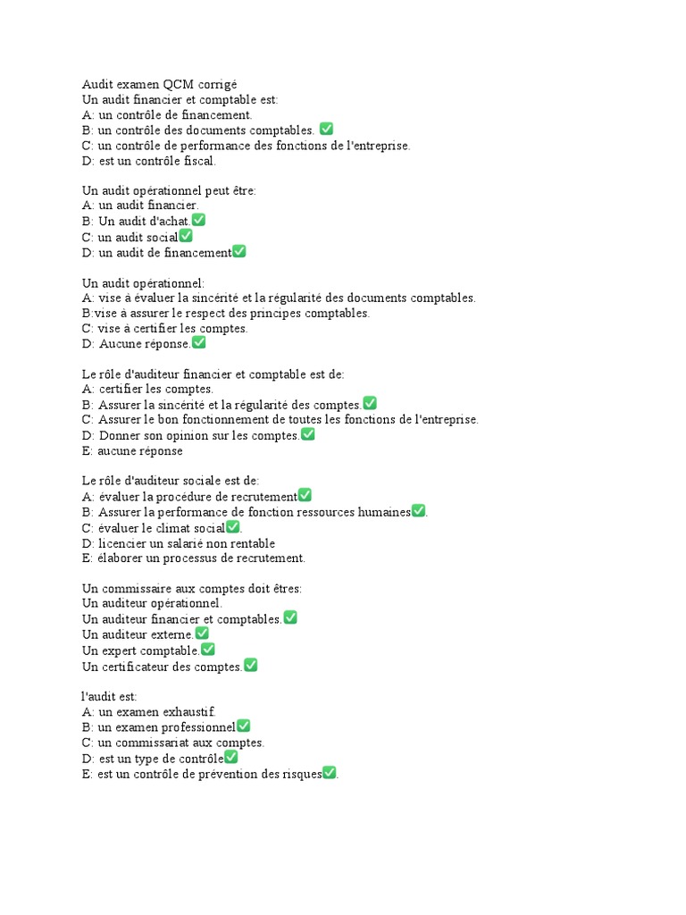 QCM Audit Financier et Comptable | PDF | Audit financier | Audit