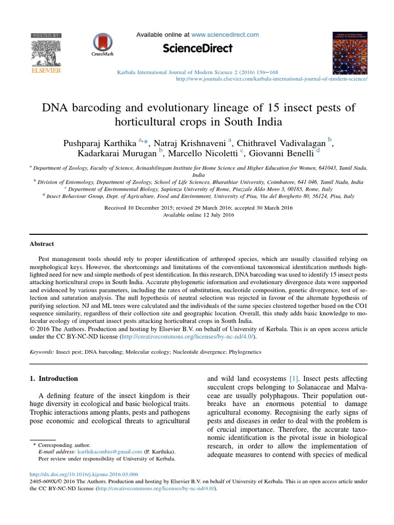 Karthika, Et Al. (2016) - DNA Barcoding and Evolutionary Lineage of 15 Insect Pests of ...