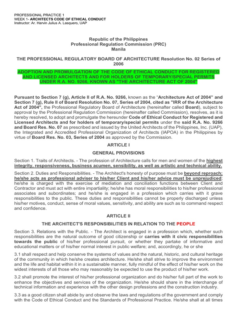 Professional Practice 1 Week 1-Architects Code of Ethical Conduct ...