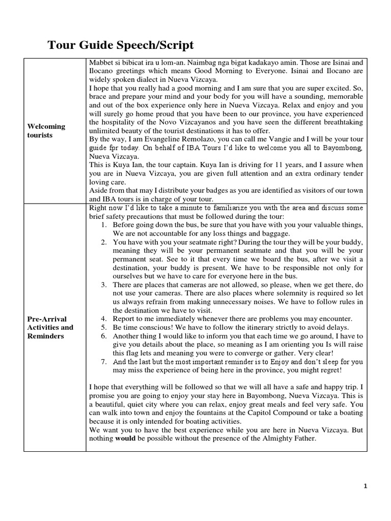 Tour Guide Speech/Script: Welcoming Tourists | PDF