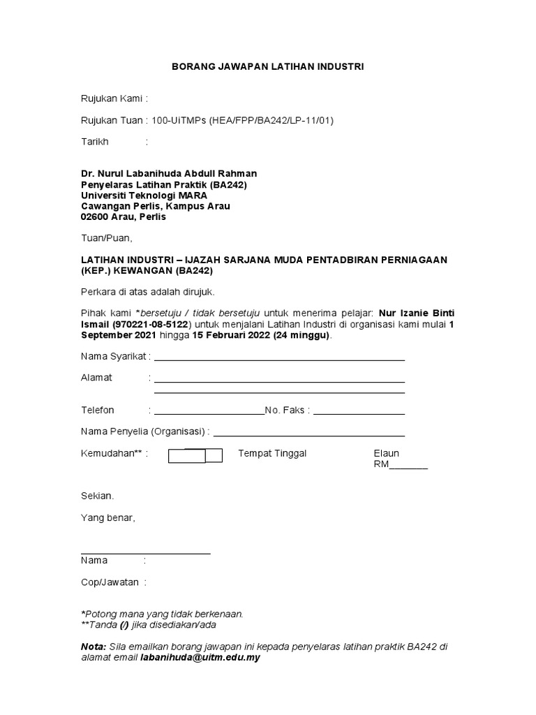 Borang Jawapan Latihan Industri BA242 | PDF