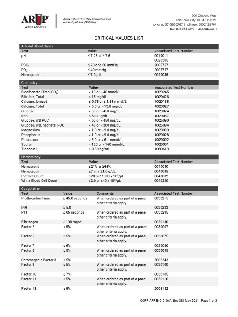 Critical Laboratory Values Guide | PDF | Pathogen | Infection