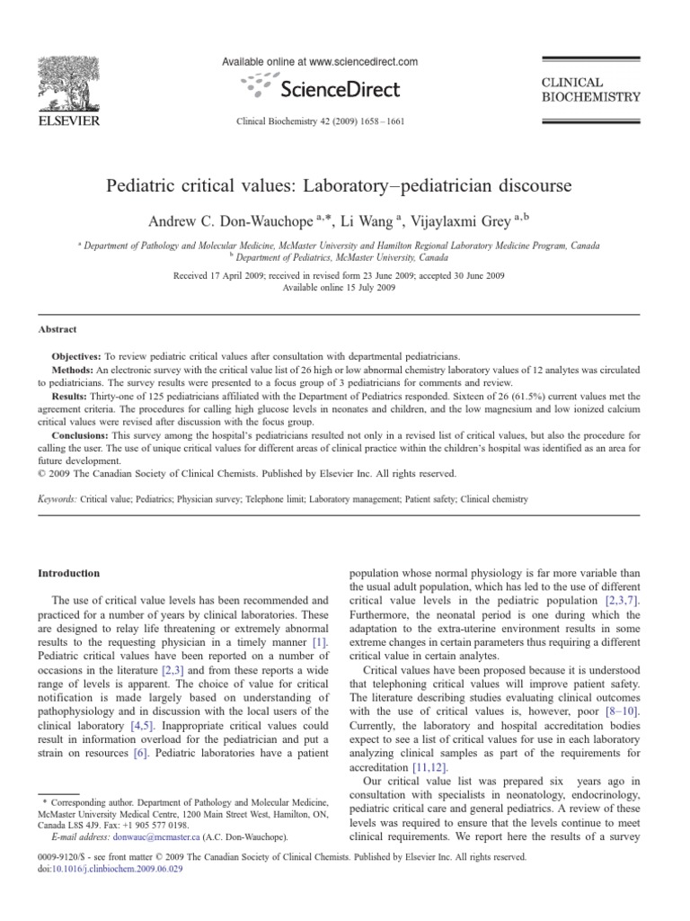Pediatric Critical Values Laboratory Ped | PDF | Pediatrics | Neonatology