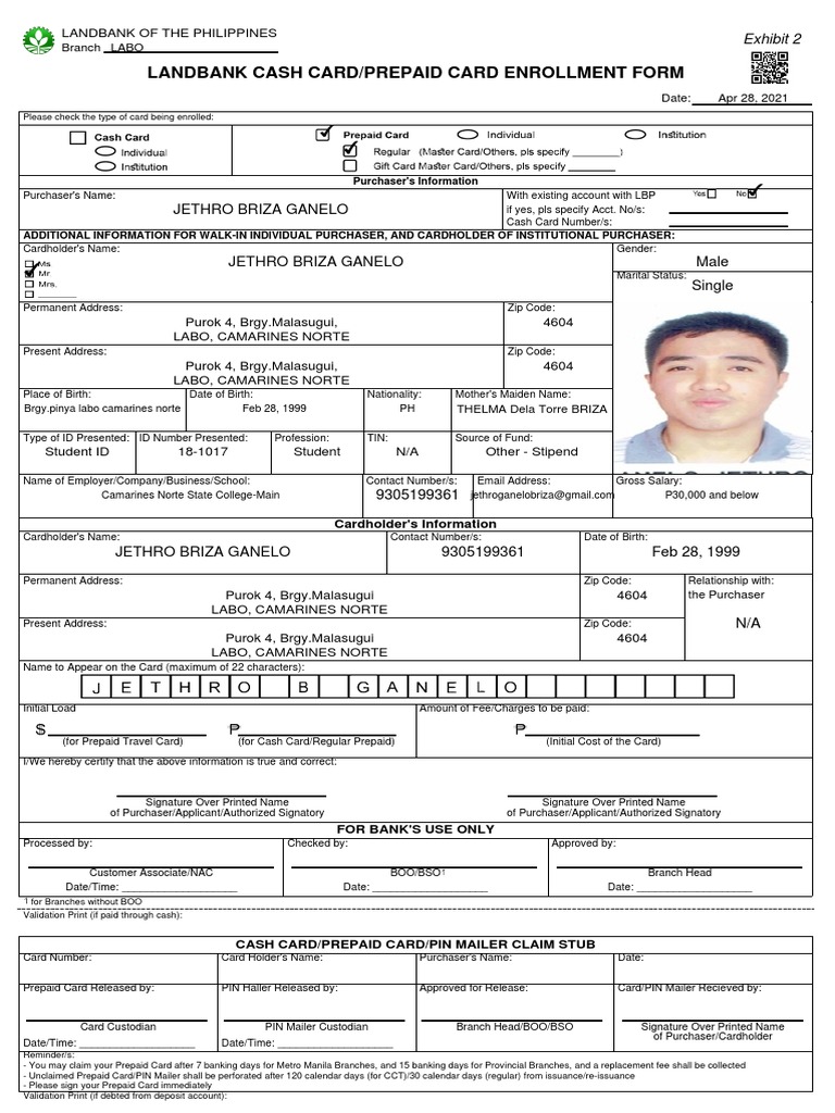 Landbank Cash Card/Prepaid Card Enrollment Form: Jethro Briza Ganelo ...