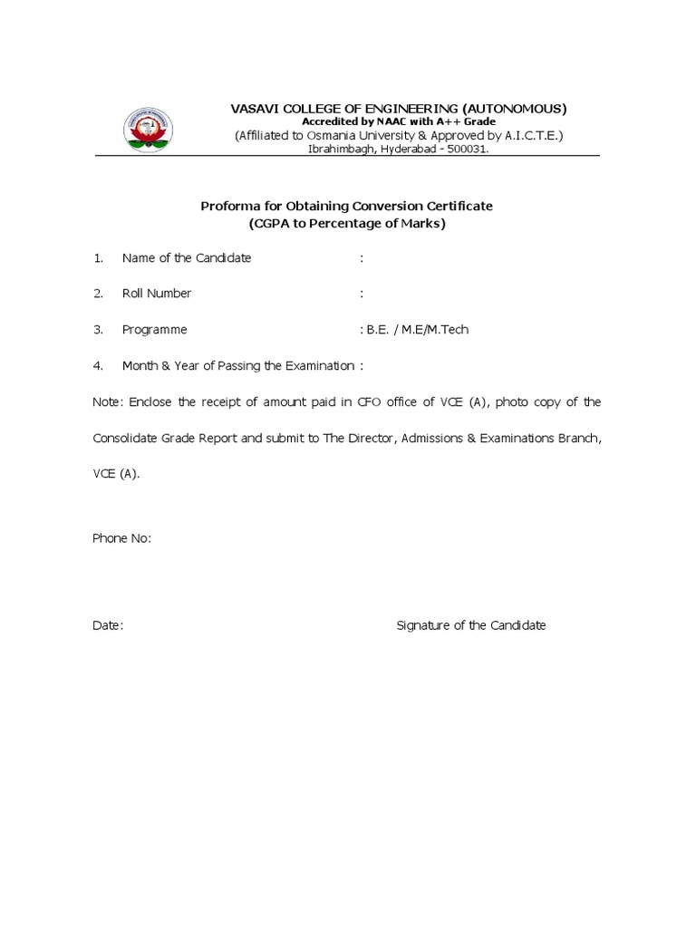 CGPA to Percentage Conversion Form | PDF