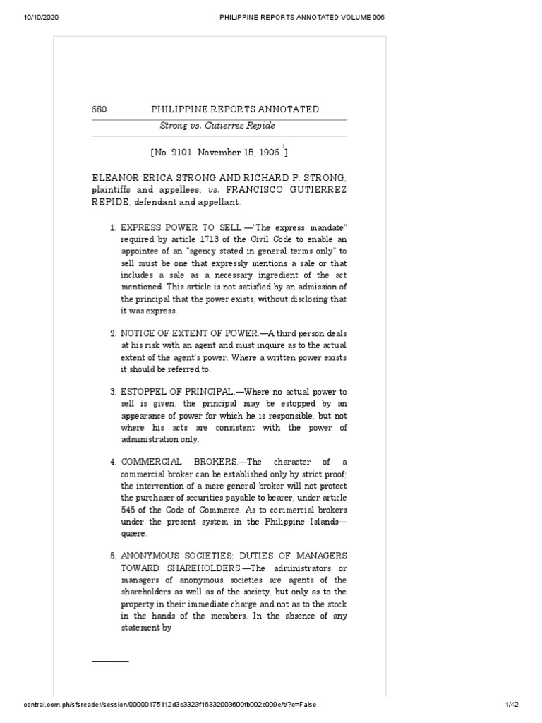 40.strong vs. Repide, 6 Phil. 680 | PDF | Stocks | Corporations