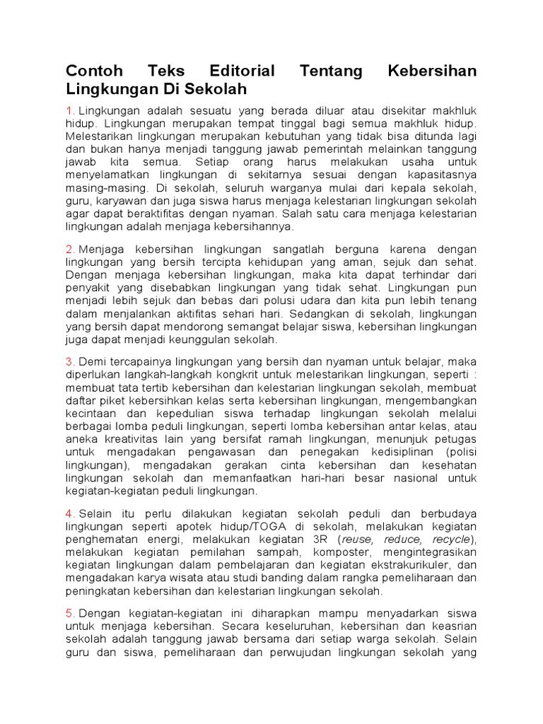 Contoh Teks Editorial Tentang Kebersihan Lingkungan Di Sekolah | PDF