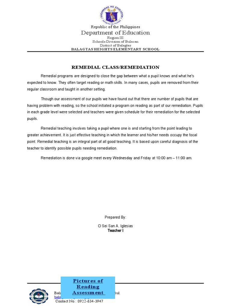 Remedial Reading Program at Balagtas Heights Elementary School: Closing ...
