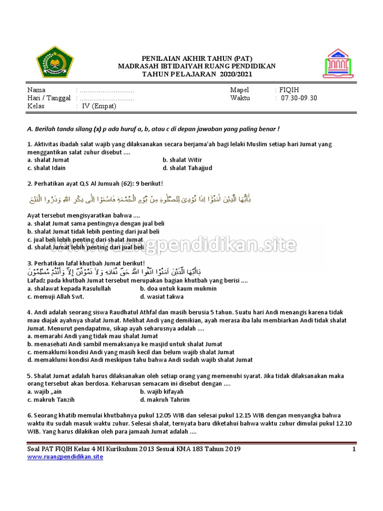 Soal Pat Fiqih Kelas 4 | PDF