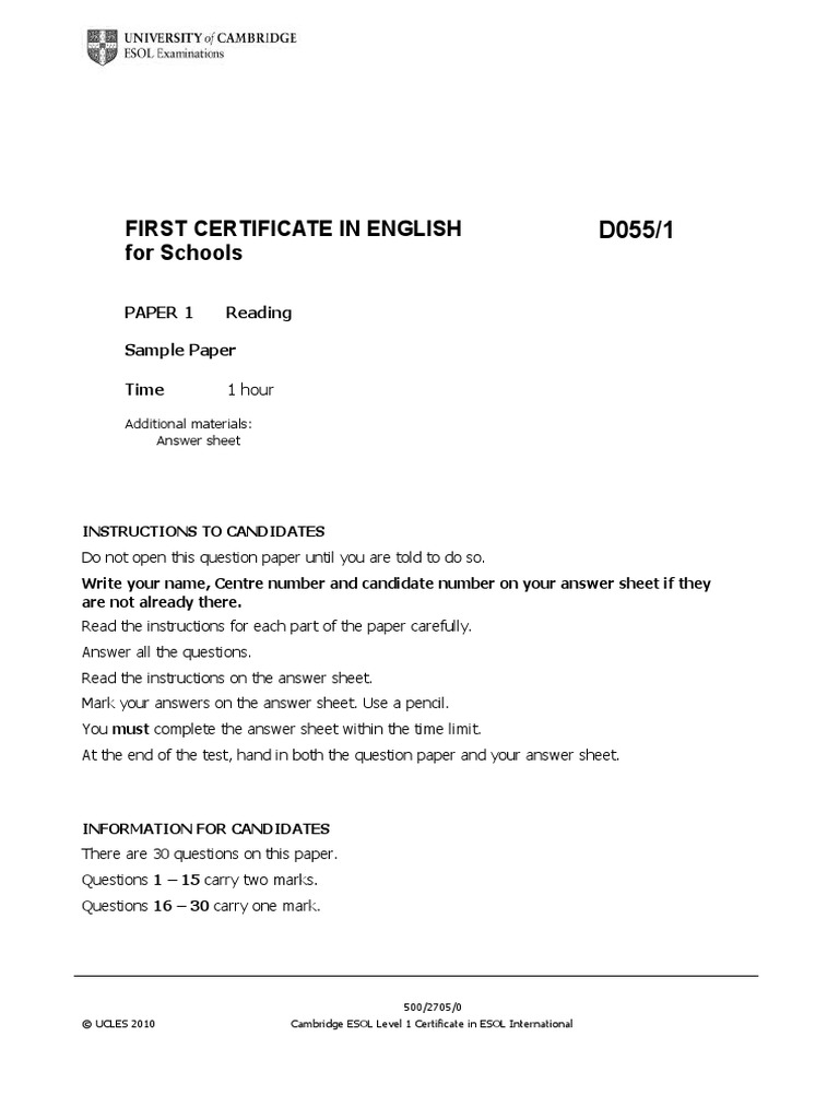 First Certificate in English For Schools: Paper 1 Reading Sample Paper ...