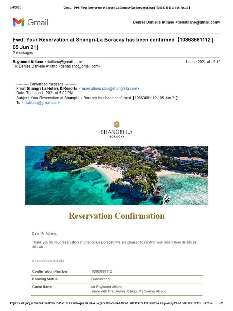 Reservation Confirmation: FWD: Your Reservation at Shangri-La Boracay ...