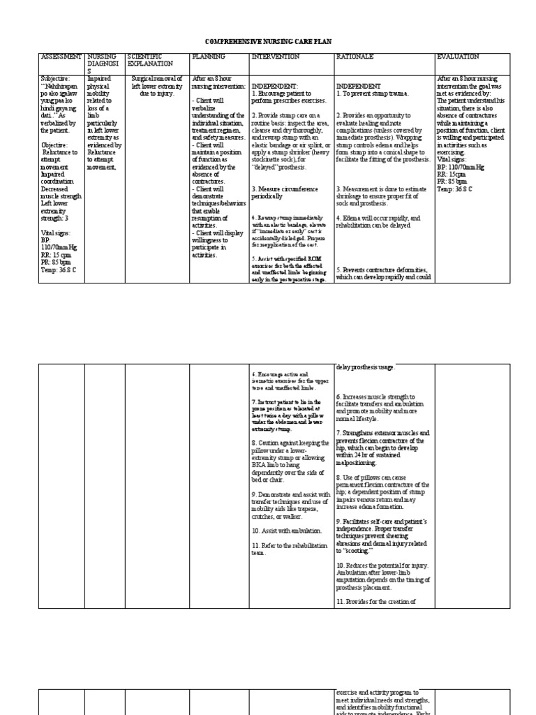 Comprehensive Nursing Care Plan | PDF | Prosthesis | Amputation