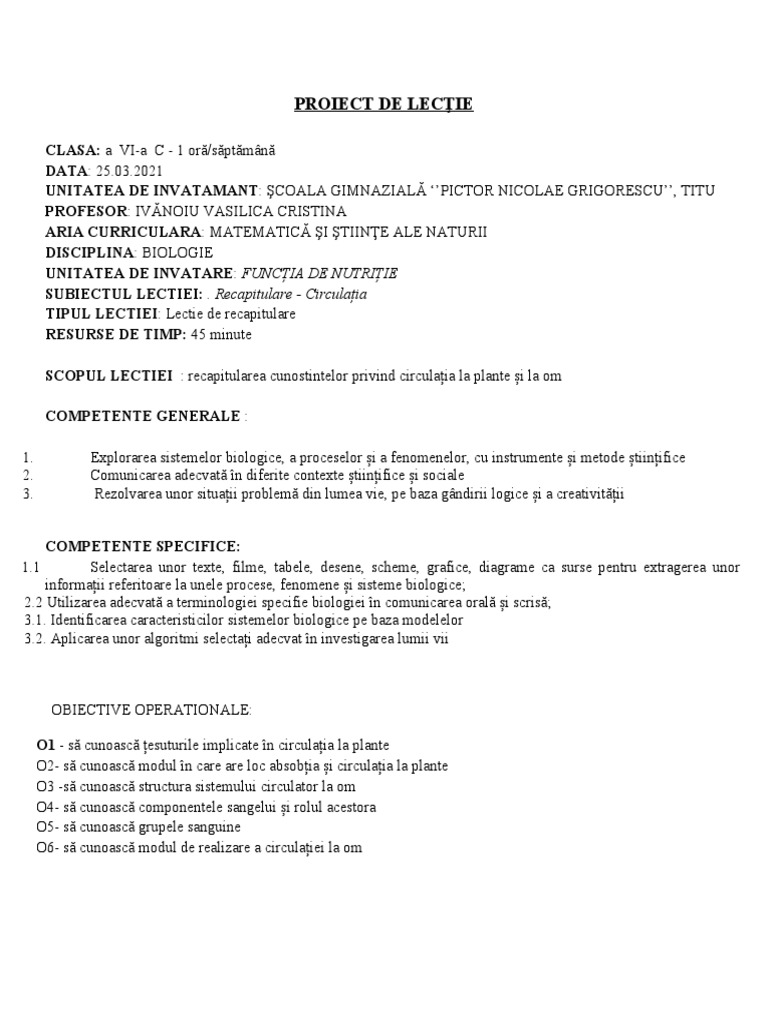 Proiect Lectie Recapitulare Circulatia | PDF