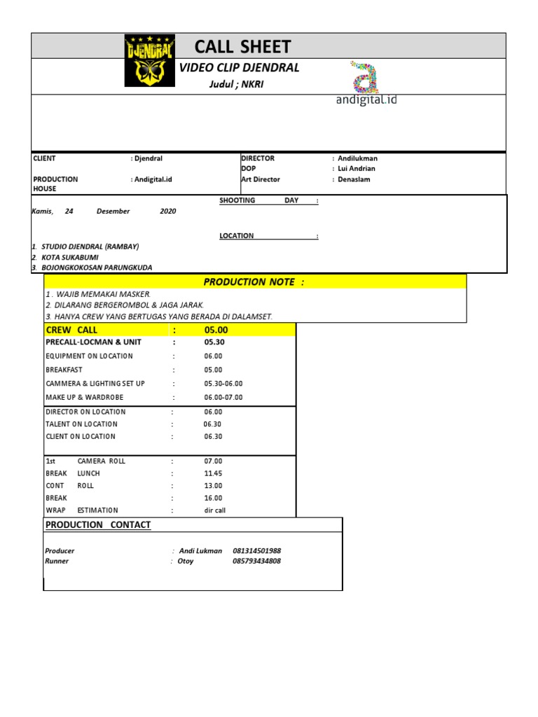 (Contoh) Call Sheet Untuk Shooting | PDF