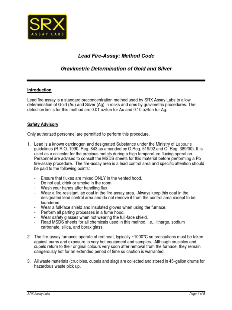 Lead Fire-Assay: Method Code Gravimetric Determination of Gold and ...
