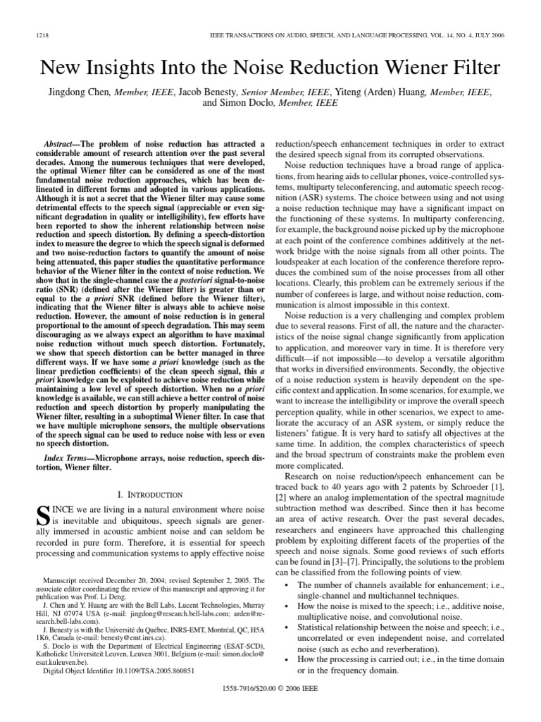 New Insights Into The Noise Reduction Wiener Filter | PDF | Signal To ...