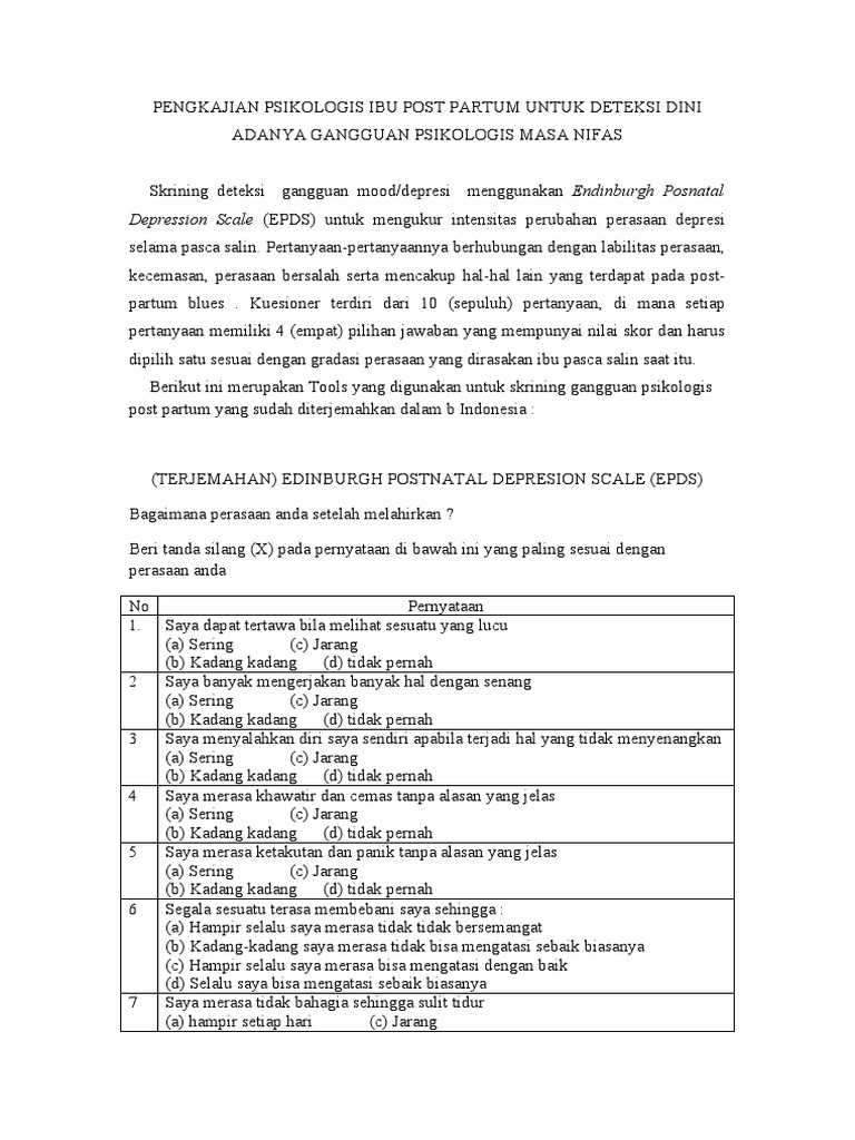 TOOLS Untuk Skrining Gangguan Pskikologis Post Partum (Kuesioner Epds) | PDF