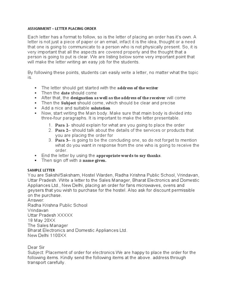 X Letter of Placing Order English | PDF | Delivery (Commerce) | Payments