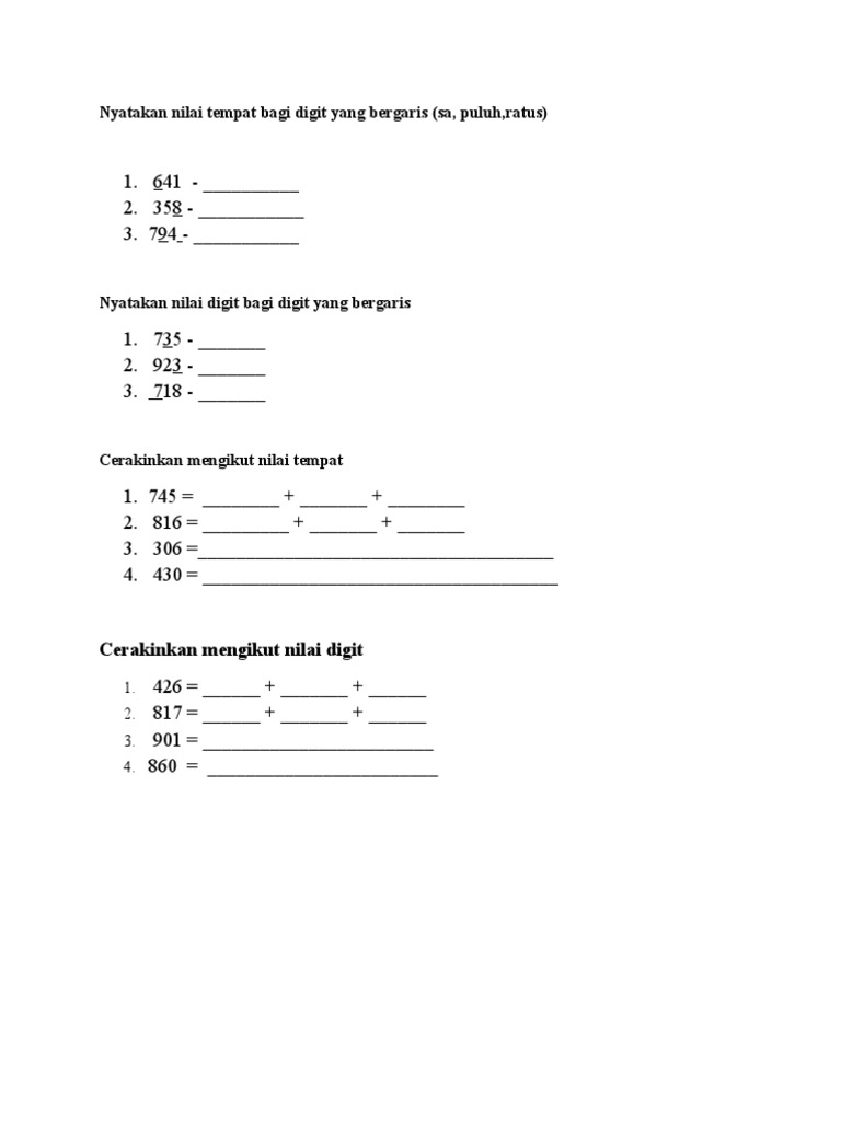 Latihan Matematik Nilai Tempat Dan Nilai Digit Tahun 2 Pdf 