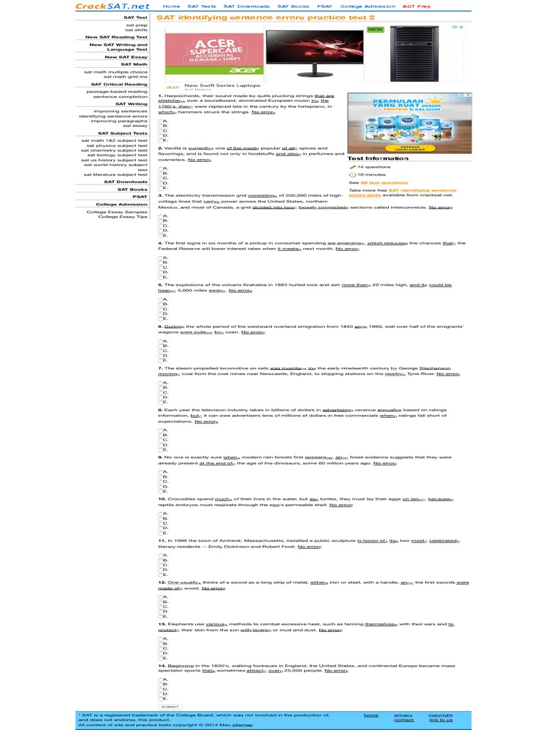 SAT Identifying Sentence Errors Practice Test 2 | PDF | Sat | Nature