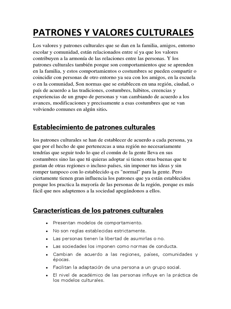 Patrones y Valores Culturales en la Sociedad | PDF | Ciencias sociales ...