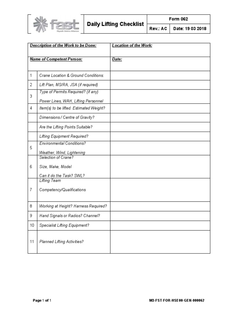 Form-062-Pre Start Daily Lifting Checklist | PDF