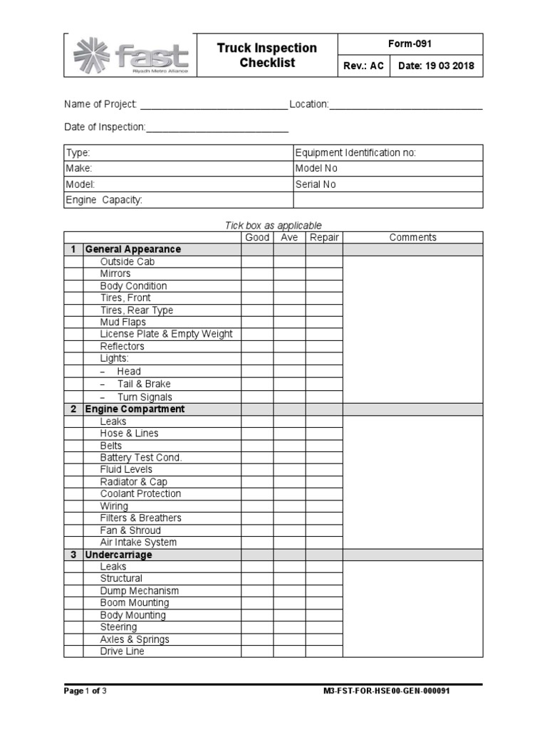 Form-091-Truck Inspection Checklist | PDF | Truck | Transmission ...