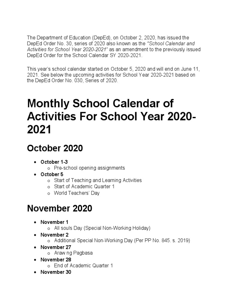 School Calendar of Activities 2020-2021 | PDF | Observances | Holidays