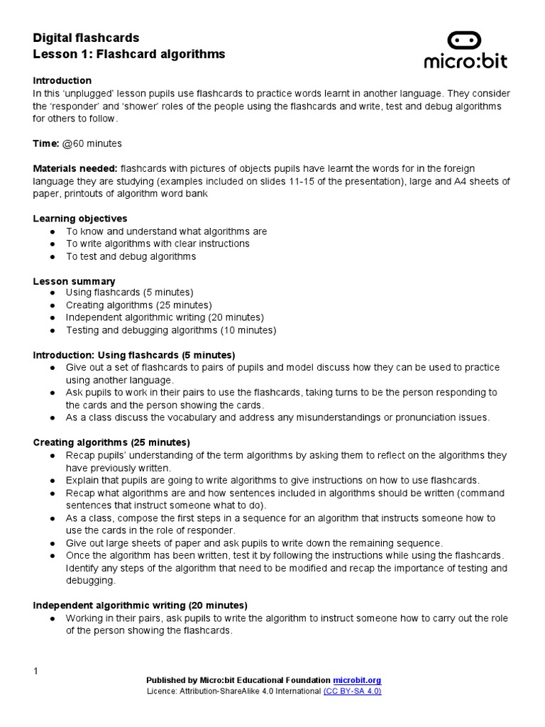Digital Flashcards Lesson 1: Flashcard Algorithms: Published by Micro ...