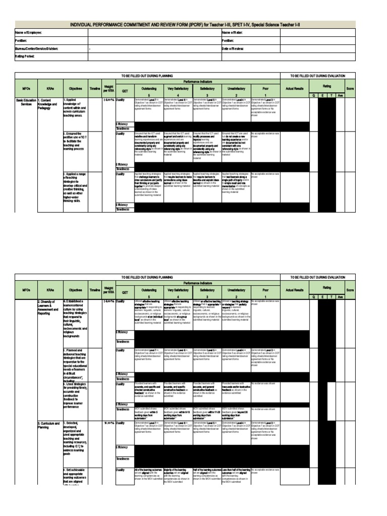 DepEd Prescribed IPCRF Parts 1 4 SY 2020 2021.xlsm | PDF | Educational ...