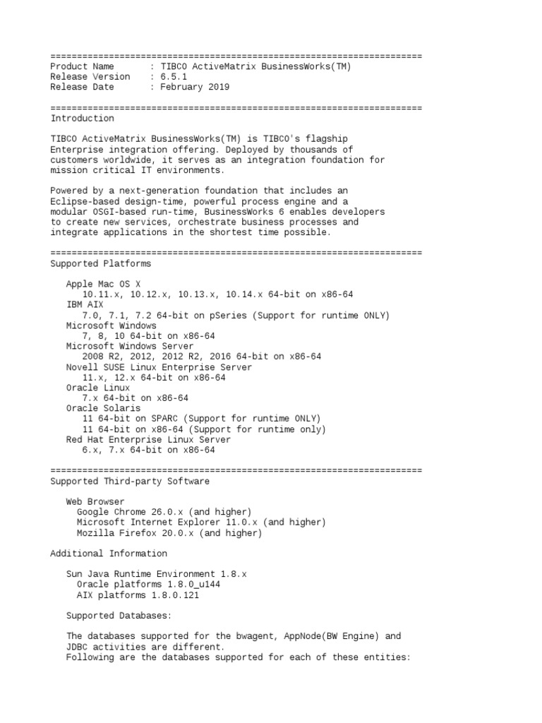 TIB BW 6.5.1 Readme | PDF | Oracle Database | 64 Bit Computing