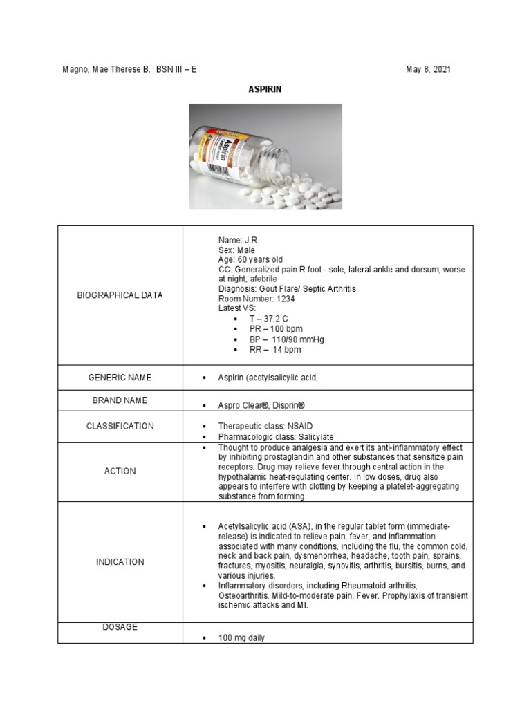 Drug Study (Aspirin) | PDF | Aspirin | Nonsteroidal Anti Inflammatory Drug