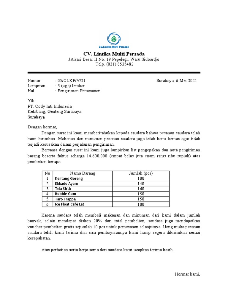 Surat Pengiriman Pesanan | PDF
