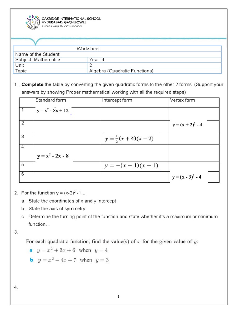 T - HW - Myp 4 - Quadratic Functions | PDF