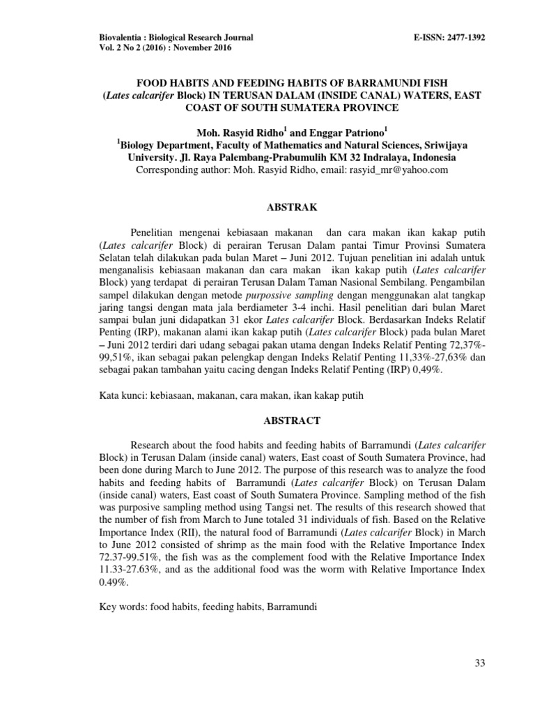 Feeding Habits and Food Composition of Barramundi Fish (Lates ...